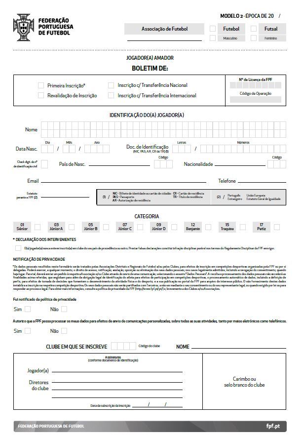 Novos boletins de inscrição de jogadores Época 2018/2019 | Associação ...